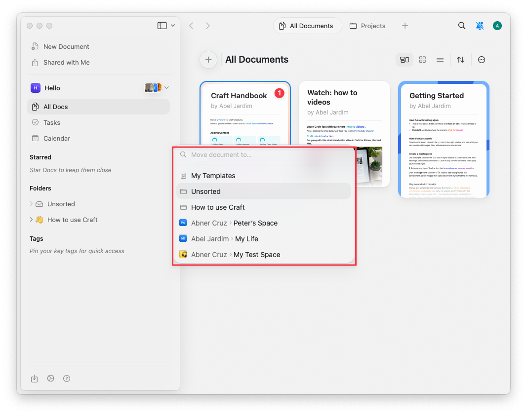 Moving documents between Spaces – Craft Help Site